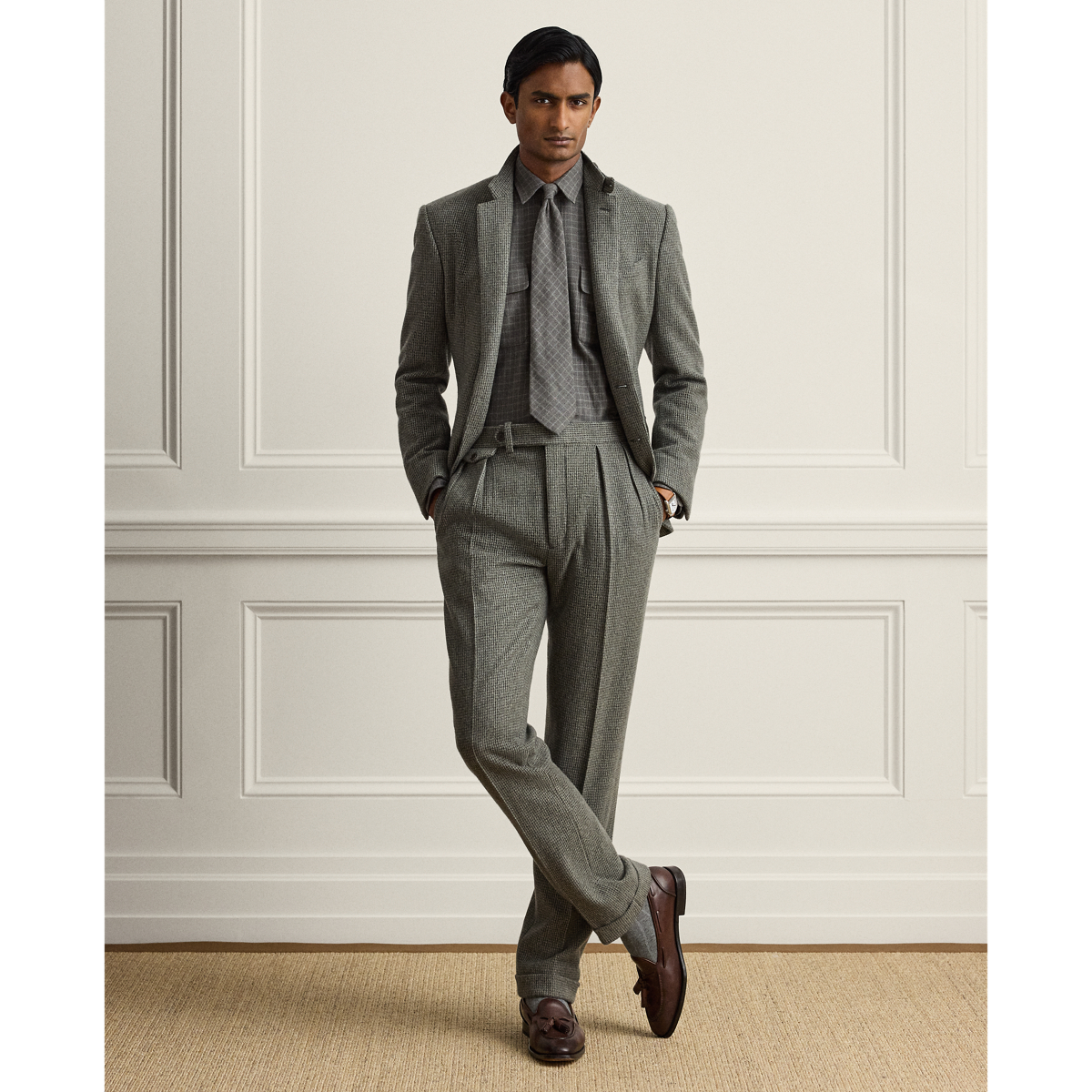 RALPH LAUREN Ralph Lauren Gregory Hand-Tailored Tick-Weave Wool-Cashmere Tweed Pleated Trousers